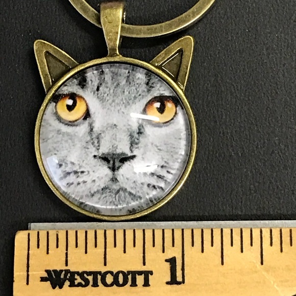 Accessories | Gray Cat Face With Ears Bronze Keychain And Hook | Poshmark